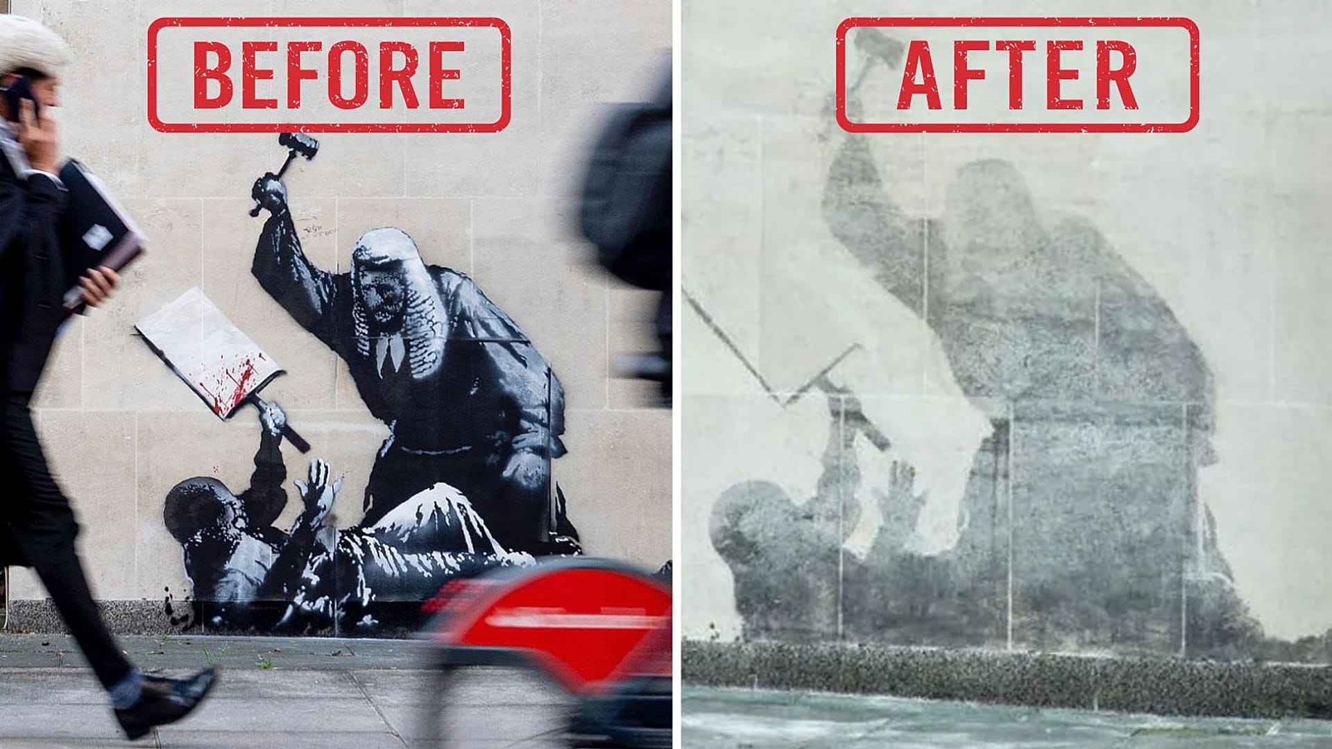 Banksy mural of judge beating a protester scrubbed off Royal Courts of ...