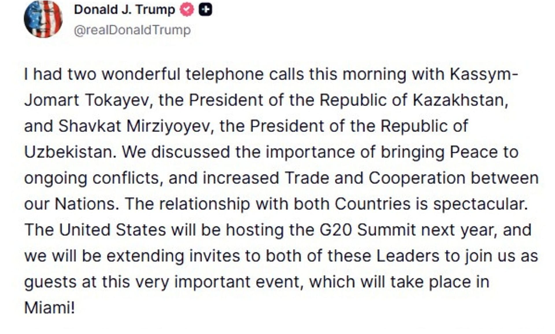 Trump extends invitations to Kazakh and Uzbek presidents for Miami G20 ...