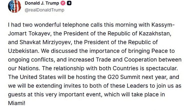 Trump extends invitations to Kazakh and Uzbek presidents for Miami G20 ...