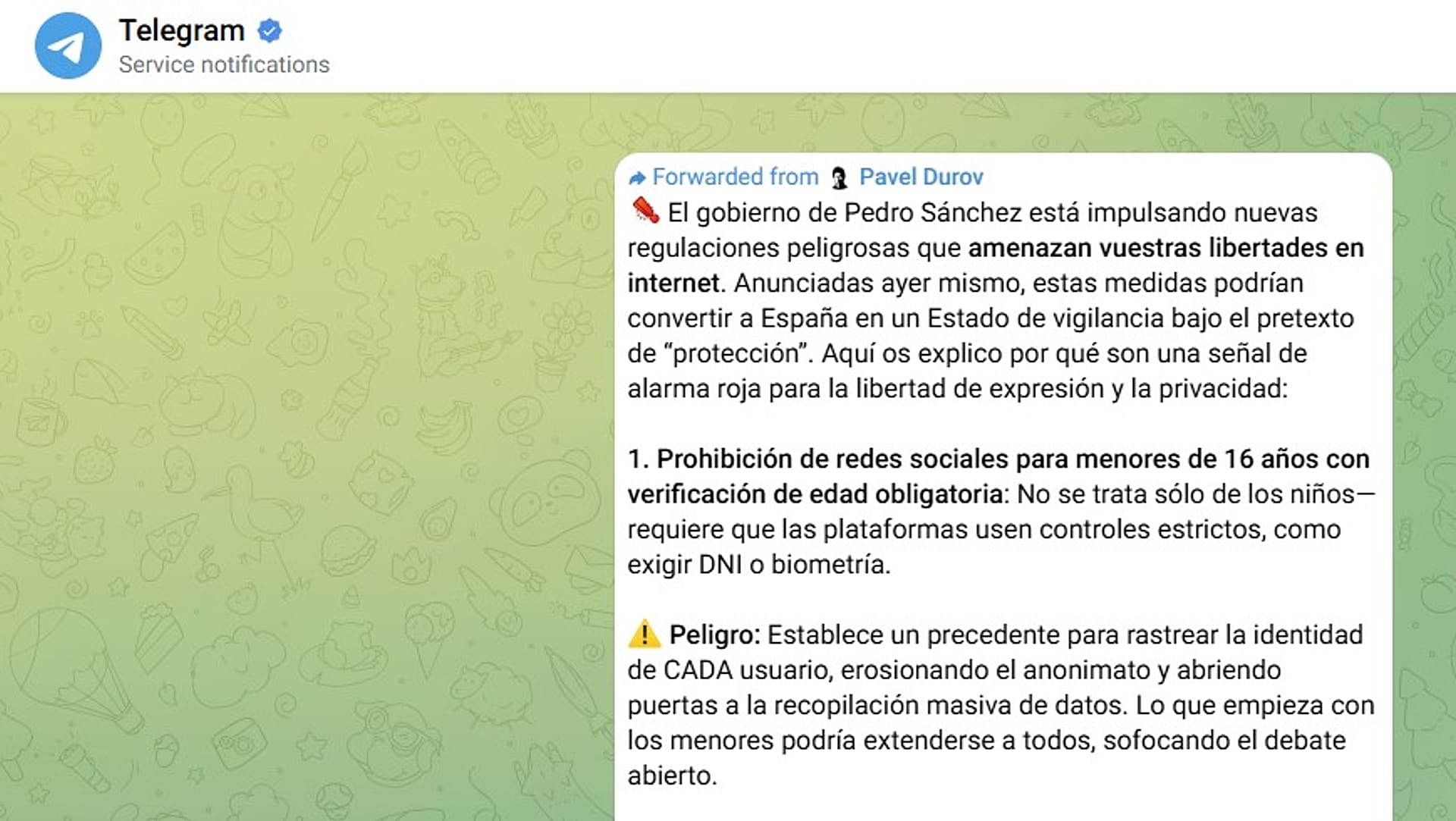 El dueño de Telegram, Pável Dúrov, critica la "sobrecensura" de Sánchez ...